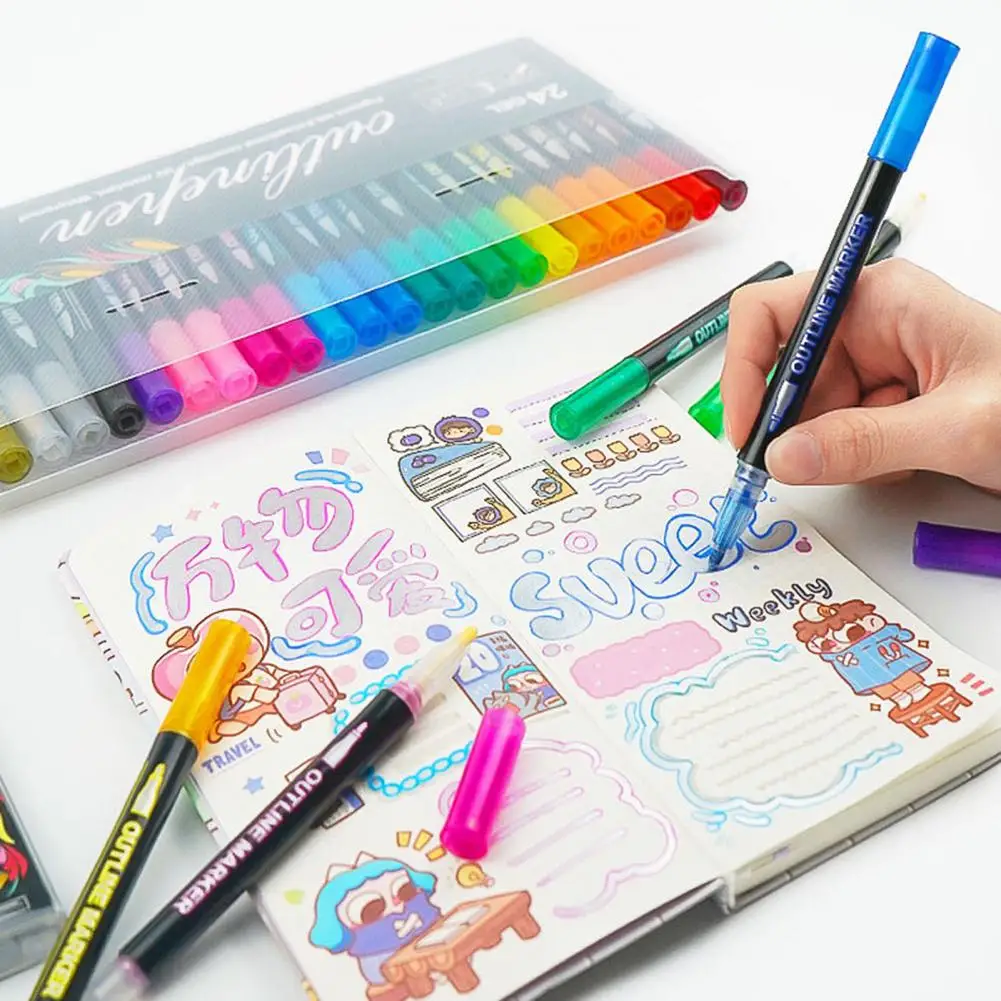 Two-tone-Effect-Markers-Bright-Color-Glitter-Outline-Markers-12-24pcs ...