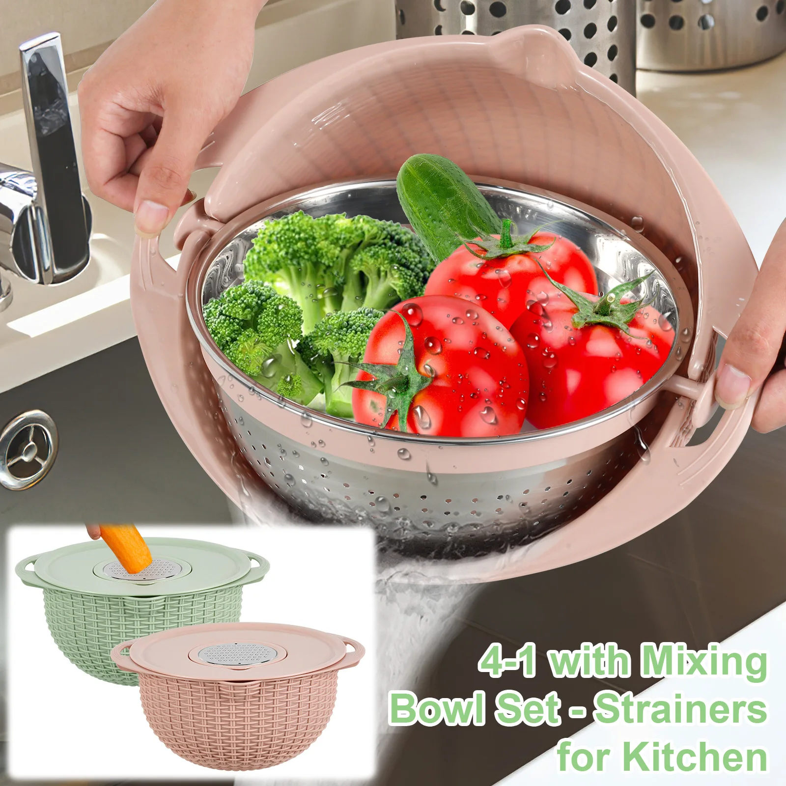 Cozinha-Colander-Set-with-Plastic-Mixing-Bowl-Food-Strainer-Stainless ...