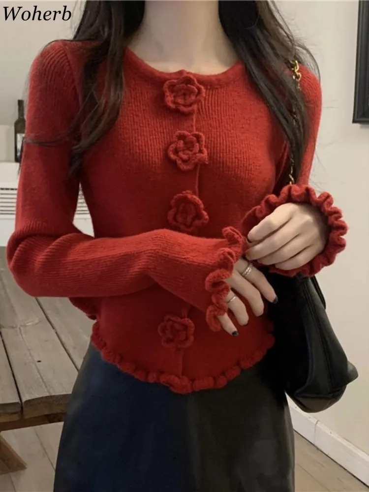 Sueter Mujer O-neck Long Sleeve Women Cardigan Coat Solid 3D Flower ...