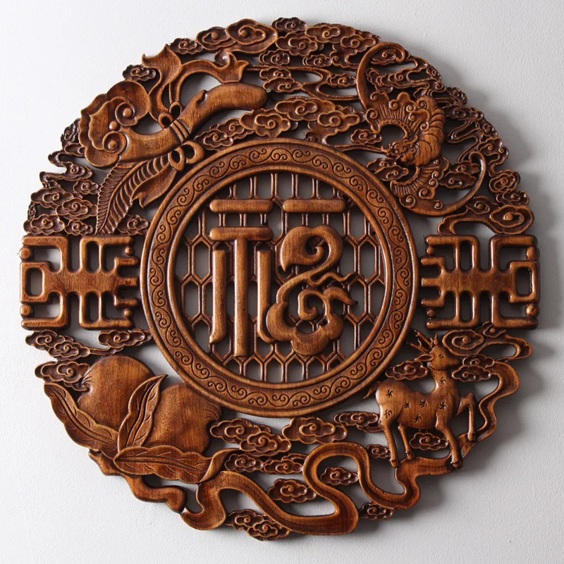 Wood-Carving-Pendant-Craft-Round-Chinese-Living-Room-Decorative ...