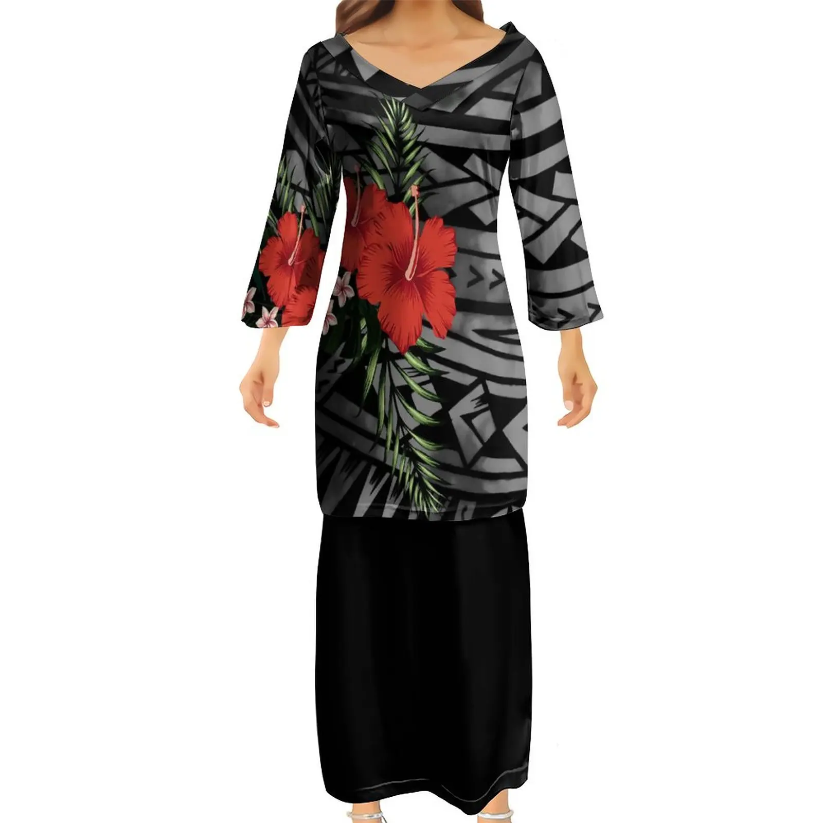 Fashion V-neck Puletasi Polynesian Samoan Traditional Clothing Uniform ...