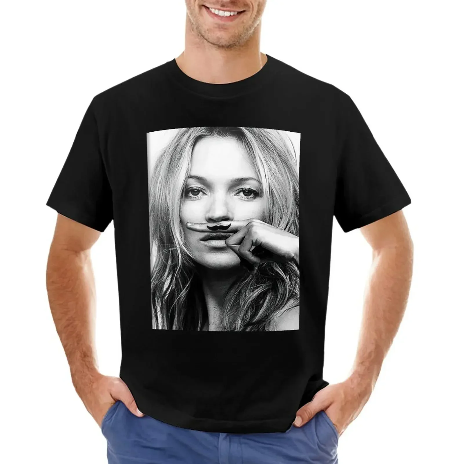 Kate Mustache Moss Black and White Photograph T-Shirt customs cotton ...