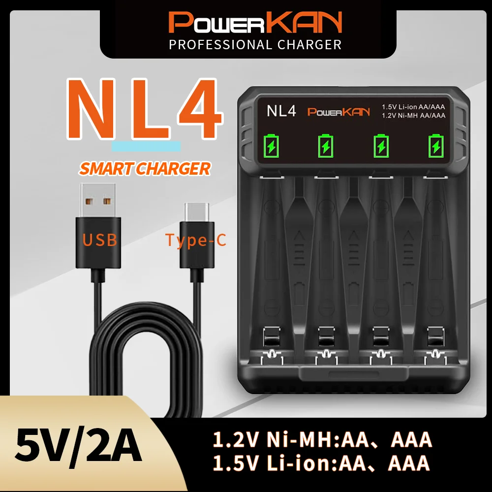 POWERKAN NL4 battery charger, 4 slots independently support 1.2V and 1 ...