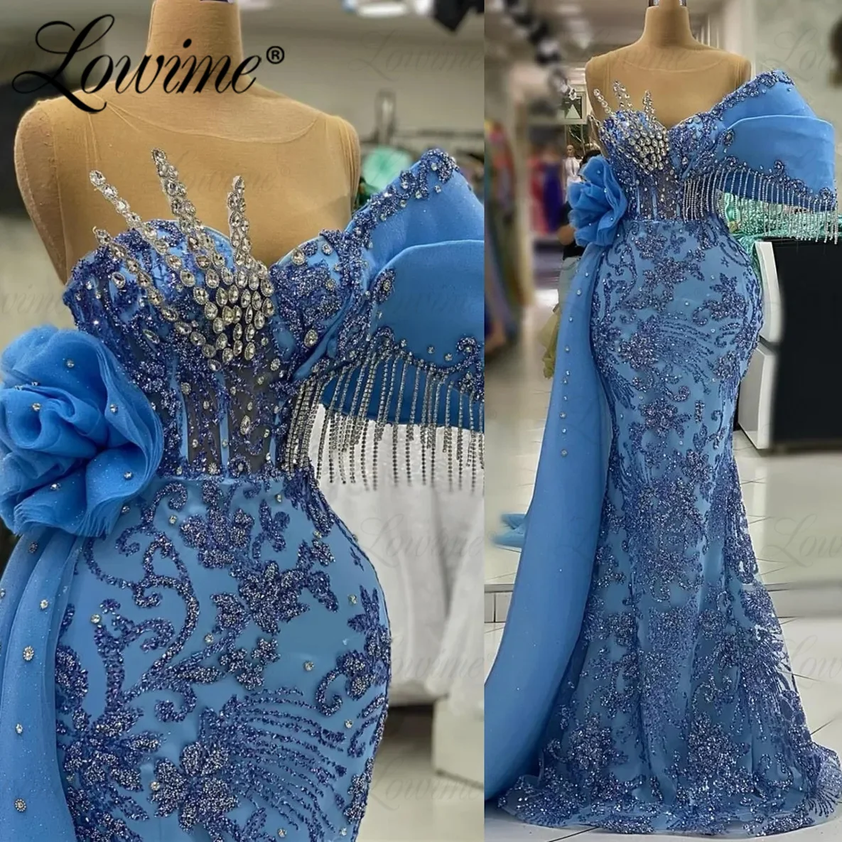Robe-de-Soir-e-de-Mariage-Longue-Bleue-avec-Tra-ne-Lat-rale-Sir-ne ...