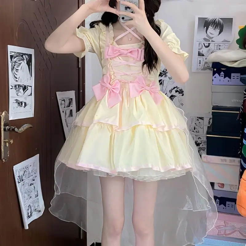 일본 하라주쿠 귀여운 스위트 로리타 Jsk 드레스 귀여운 핑크 격자 무늬 얇은 명주 그물 하이 웨이스트 타이 Jk 유니폼 소녀 티 파티 슬립 드레스