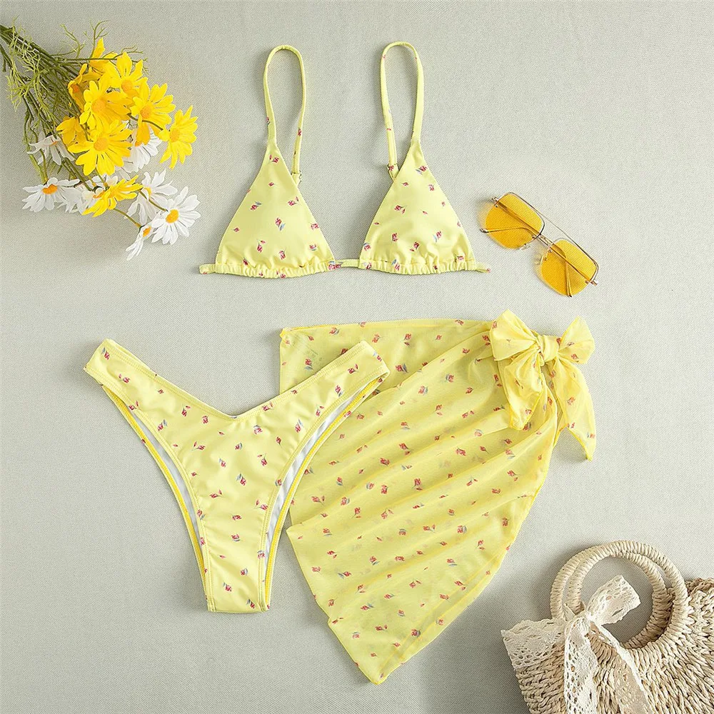 Yellow Floral Print Swimwear Mesh Cove Ups 3 Piece Bikini Set Damen