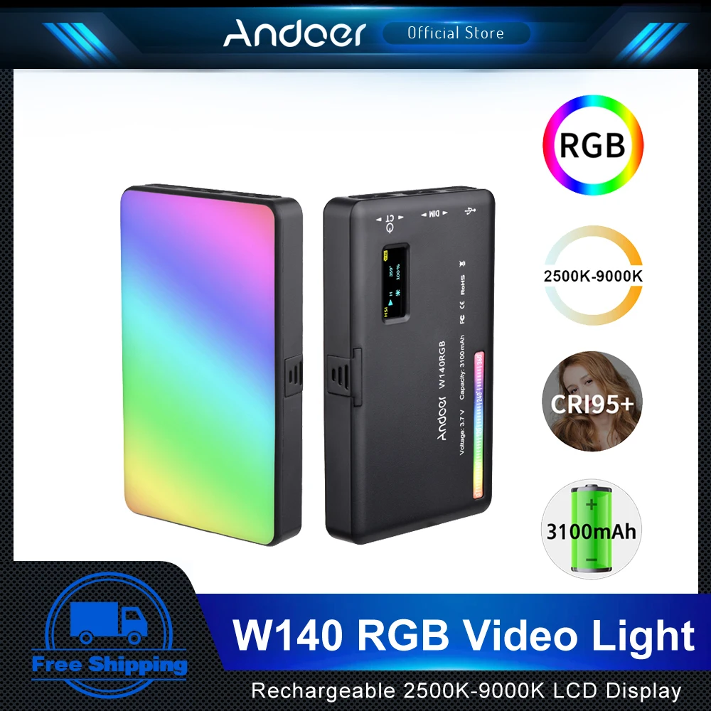 Andoer W140 RGB LED Video Light Photography Fill Light 2500K-9000K with LCD Display Cold Shoe ...