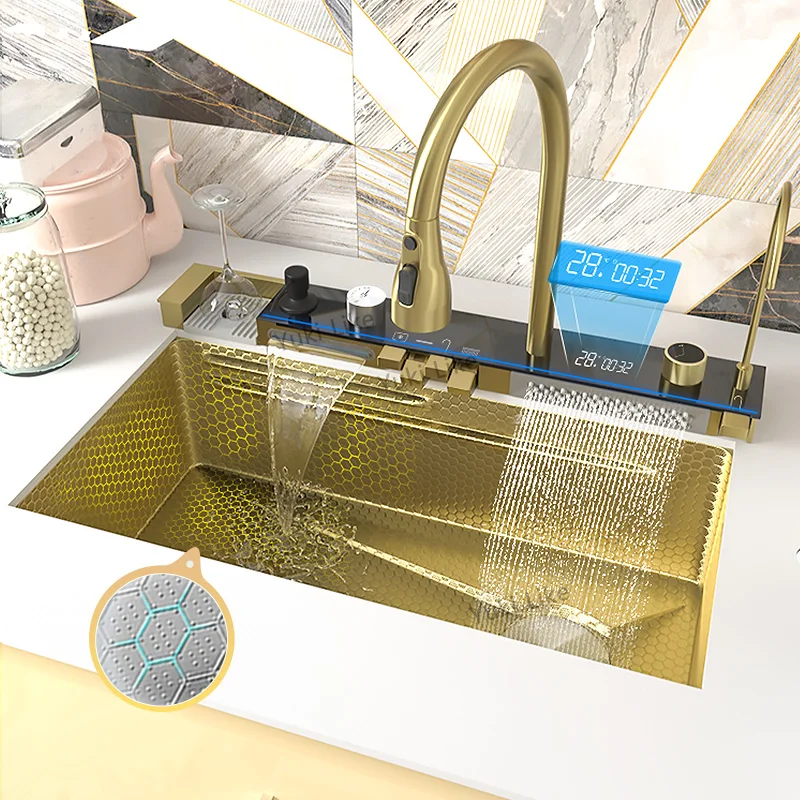 Golden-Kitchen-Sink-Multifunctional-Stainless-Steel-Waterfall-Sink ...