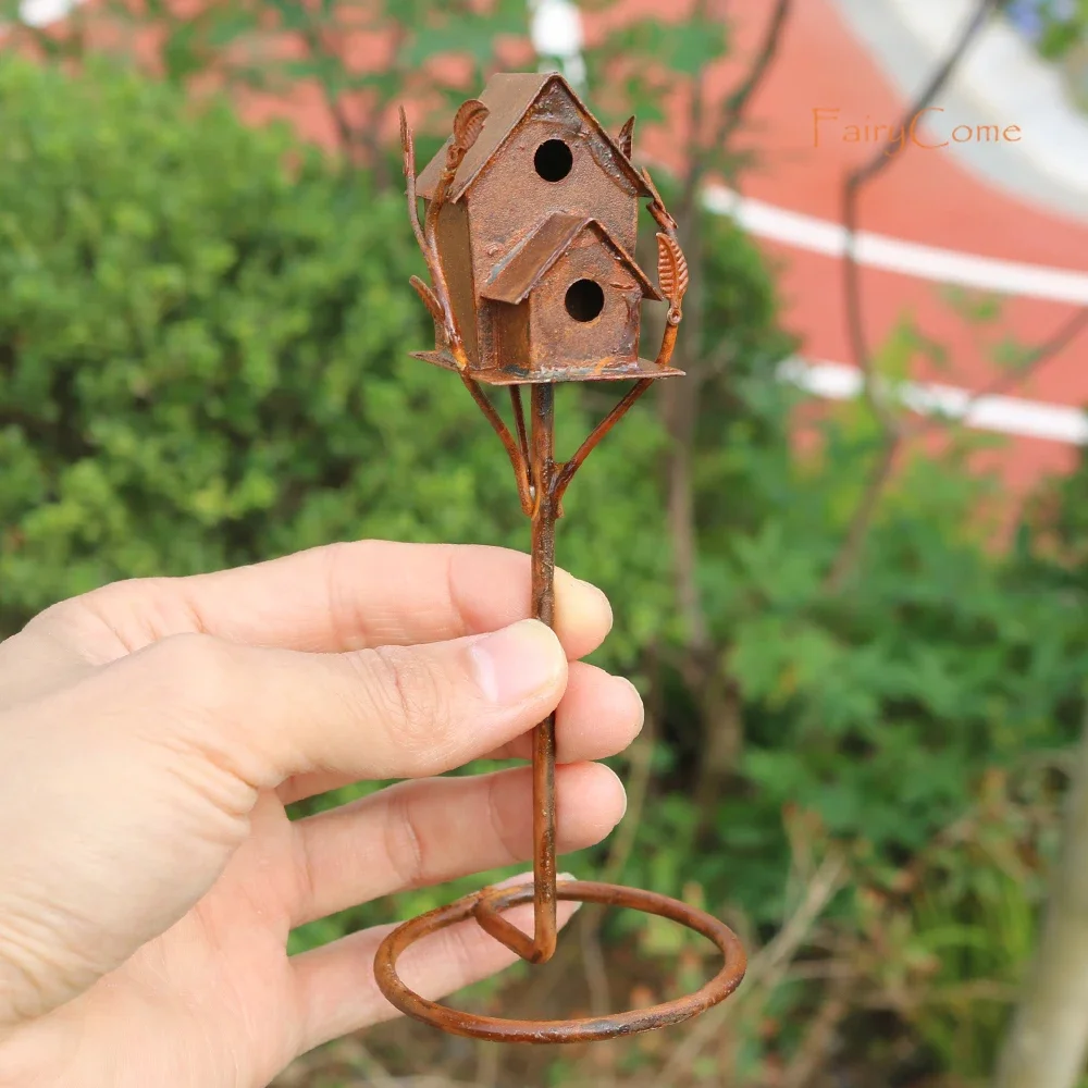 Fairy-Garden-Miniature-Bird-House-Metal-Rusty-Mini-Cottage-Double ...