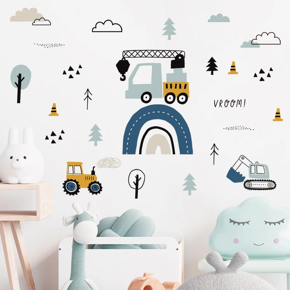 Hand Drawn Cartoon Cute Cars Cargo Truck Crane Wall Stickers Watercolor ...