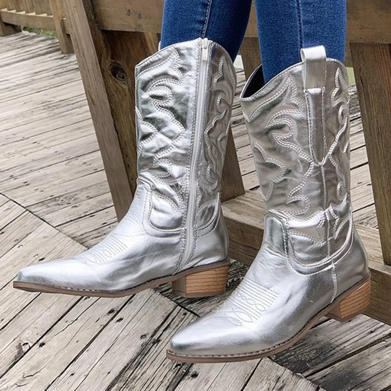 Silver-Cowgirl-Cowboy-Boots-For-Women-Shoes-Embroidered-Pointed-Toe ...