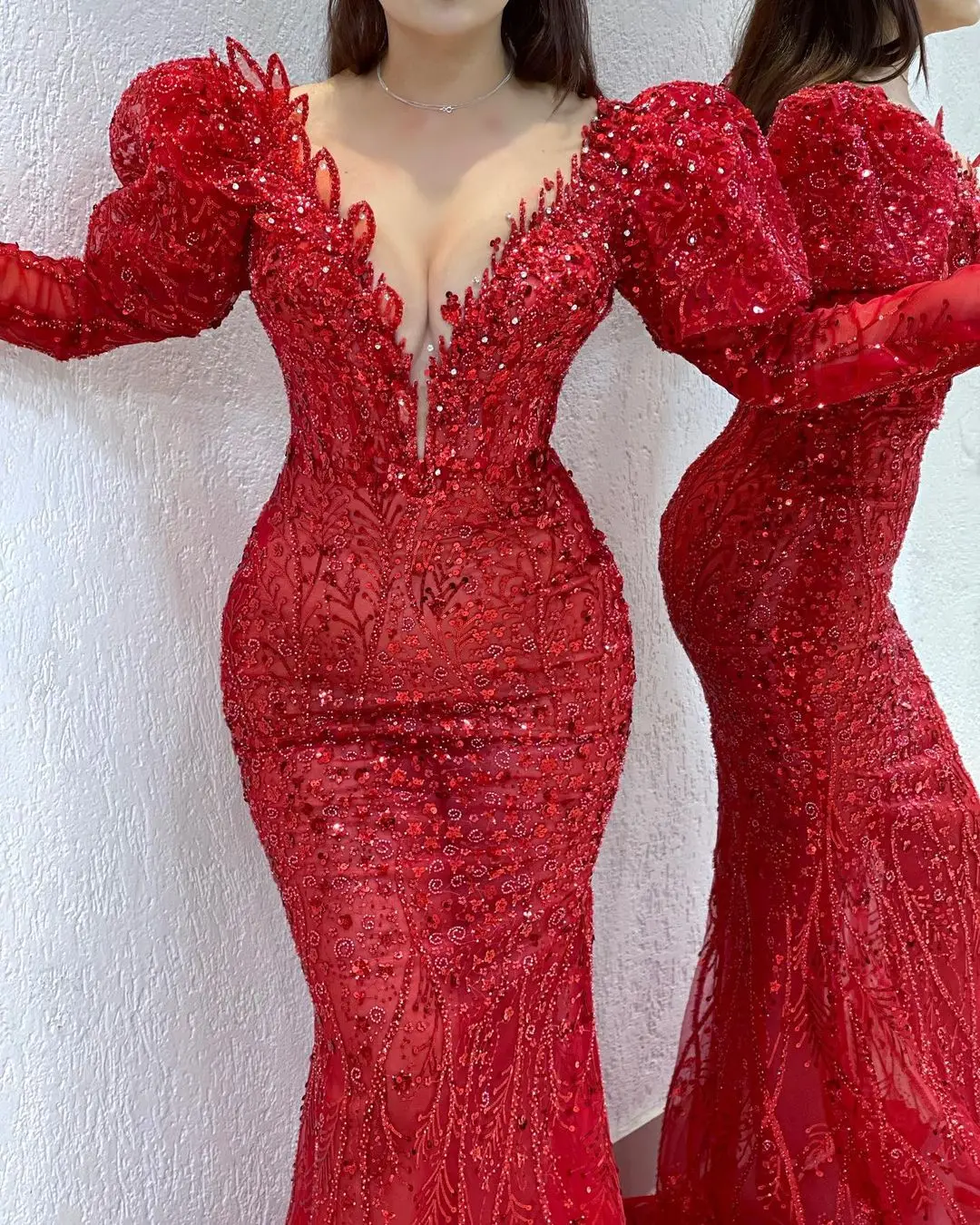 Long-Sleeves-Sparkly-Red-Evening-Dresses-Mermaid-Wedding-Party-Dresses ...