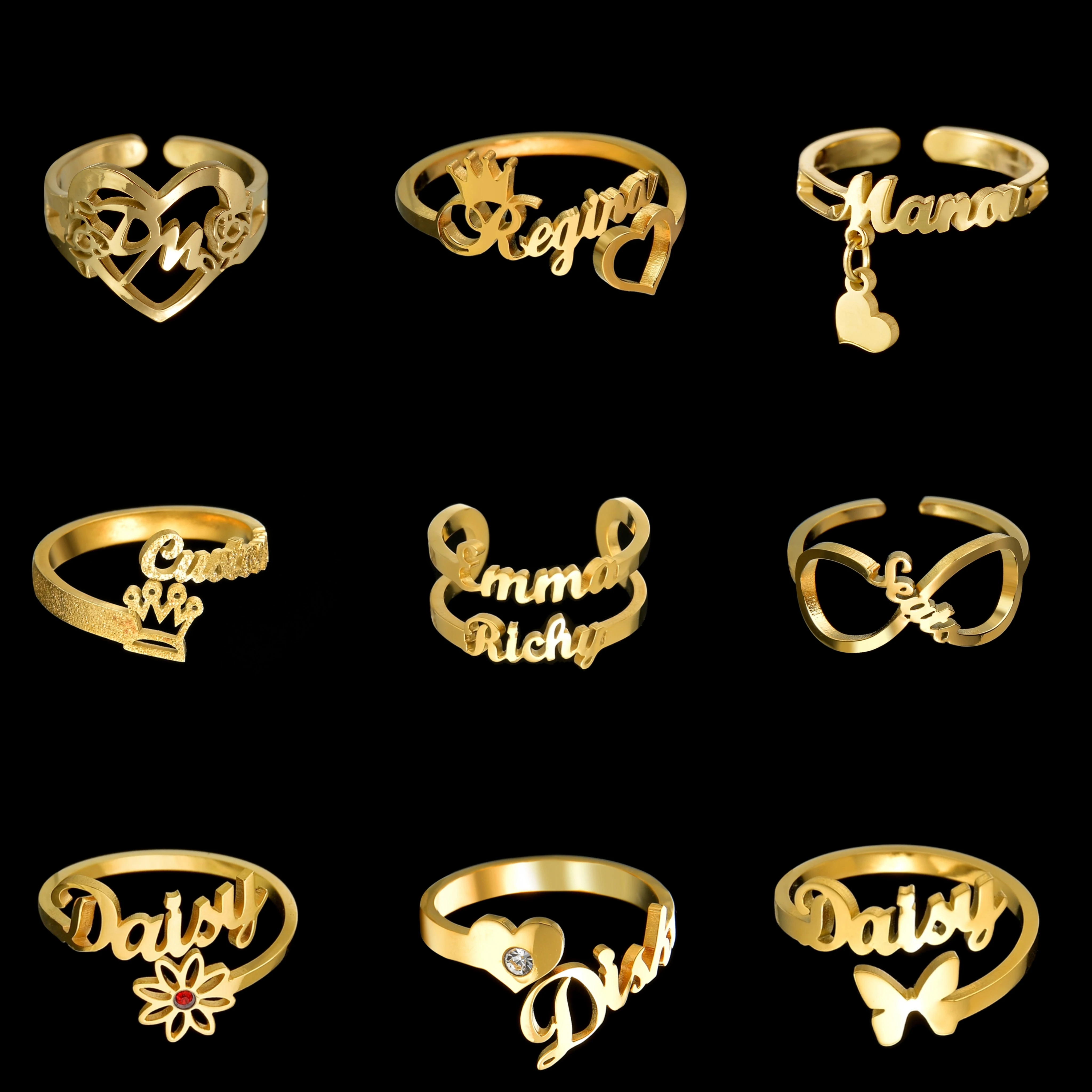 Personlized-Custom-Name-Frosted-Rings-Heart-Butterfly-Stainless-Steel ...