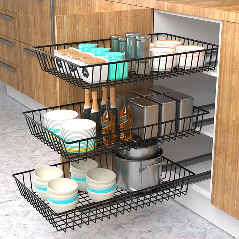 Black-DIY-Cupboard-Basket-Track-Slide-Rack-Kitchen-Storage-Shelf ...