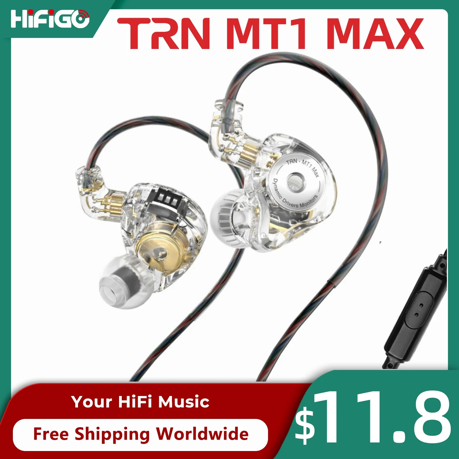 TRN MT1 MAX 10mm Dual Magnet Dynamic Driver In Ear Monitors Earphone ...