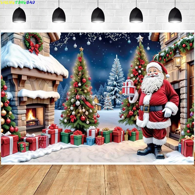 Christmas Santa Claus Gifts Photography Backdrops Village Ball Trees ...