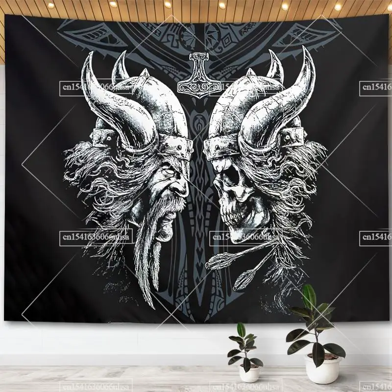 Viking-Helmet-Skull-Tapestry-Hammer-Horn-Of-Odin-Mythology-Wall-Hanging ...