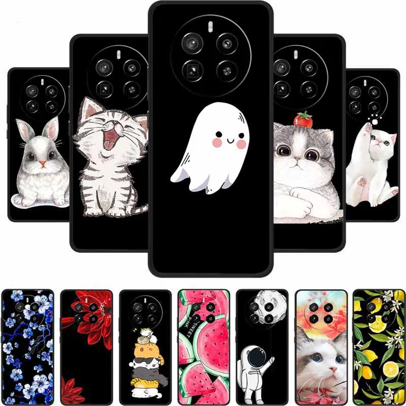 Чехол для Realme 12 Pro Plus с рисунком кота, черный силиконовый мягкий ...