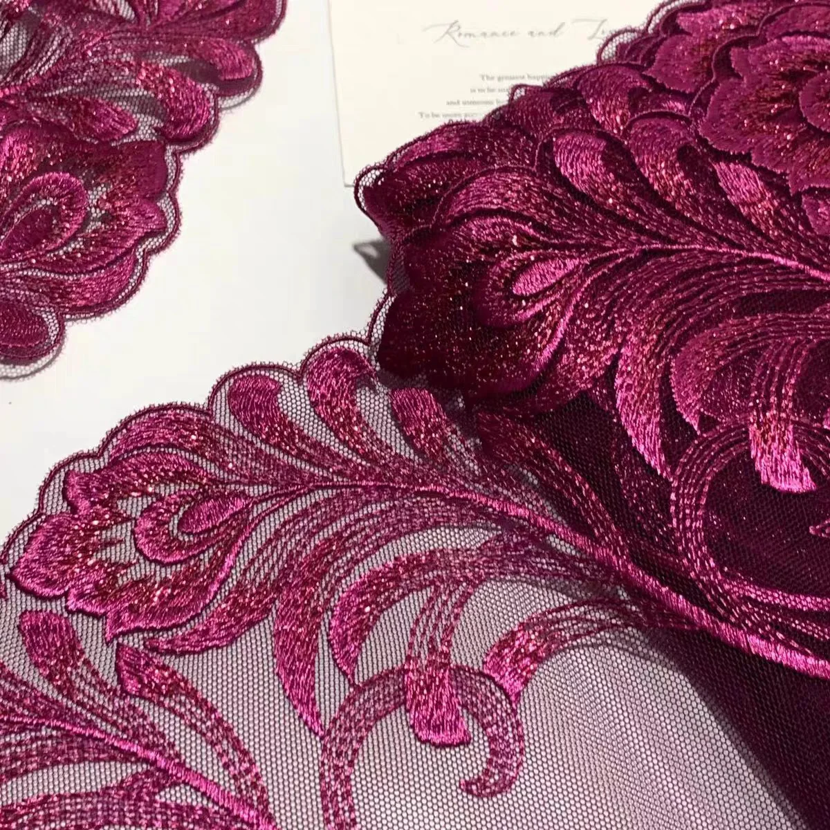 15Yards Dark Red Mesh Shiny Pattern Flower Embroidered Scalloped Tulle ...
