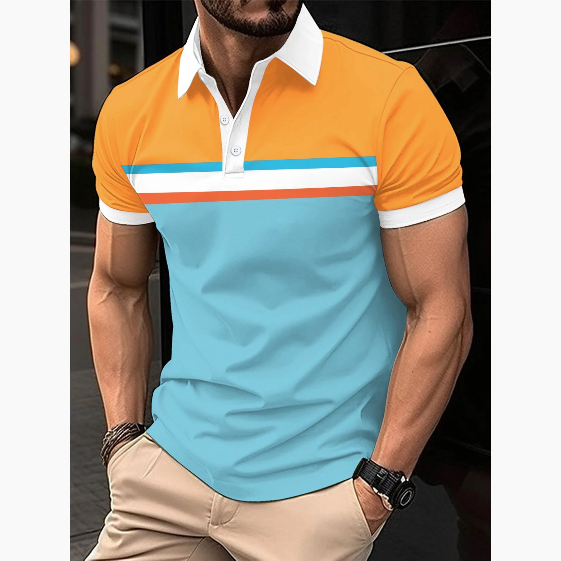 New-Men-s-Polo-Shirt-Color-Block-Print-Simple-Men-s-Summer-Casual-Short ...