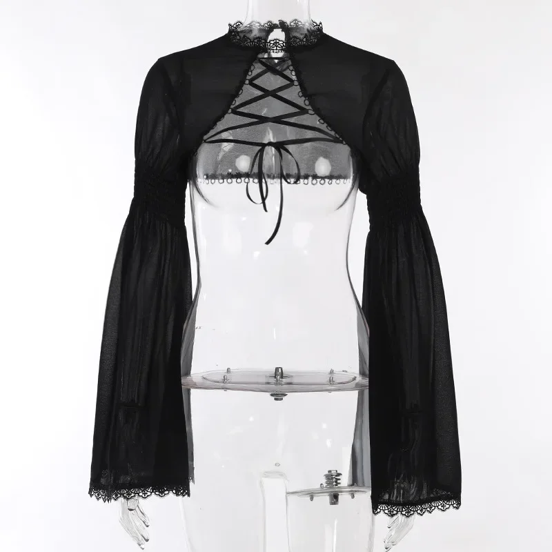 Flare Sleeve Gothic Cropped Tops Grunge Costume Female Black Emo ...