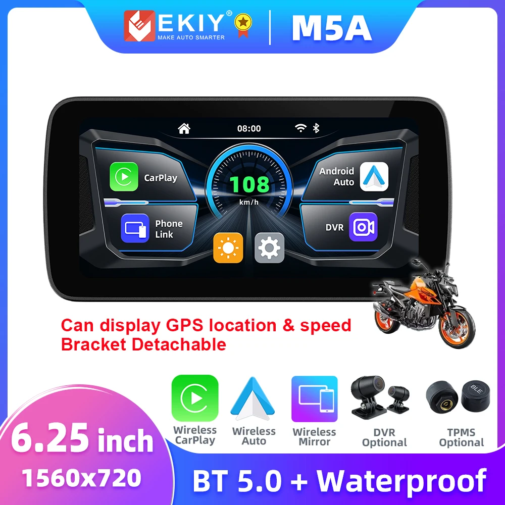 EKIY 6.25' Motorcycle Wireless CarPlay Android Auto Screen Mirroring ...