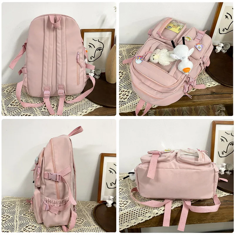 Mochila Kawaii Coreana Negro Rosa con Pines y Peluche para Mujer Niñas ...
