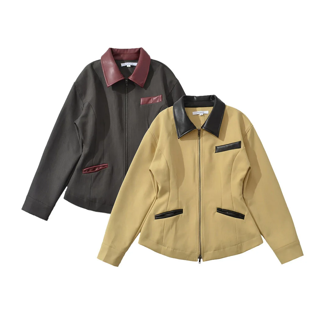 Ins Autumn Lapel Collar Leather Double-head Zipper Jacket Women Solid ...