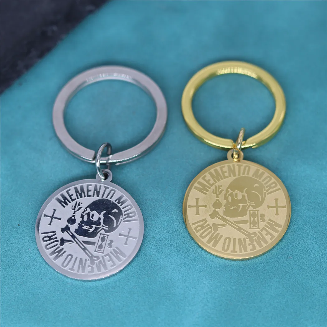 Punk-Memento-Mori-Skull-Engraved-Stainless-Steel-Round-Pendant-Keychain ...