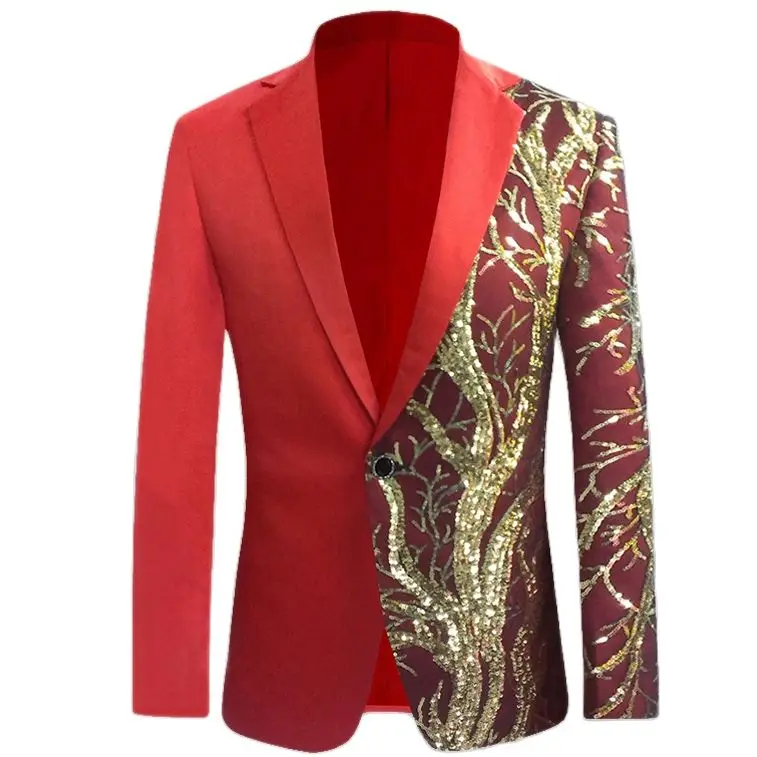 Blazer rojo brillante con lentejuelas para hombre, chaqueta de un solo ...