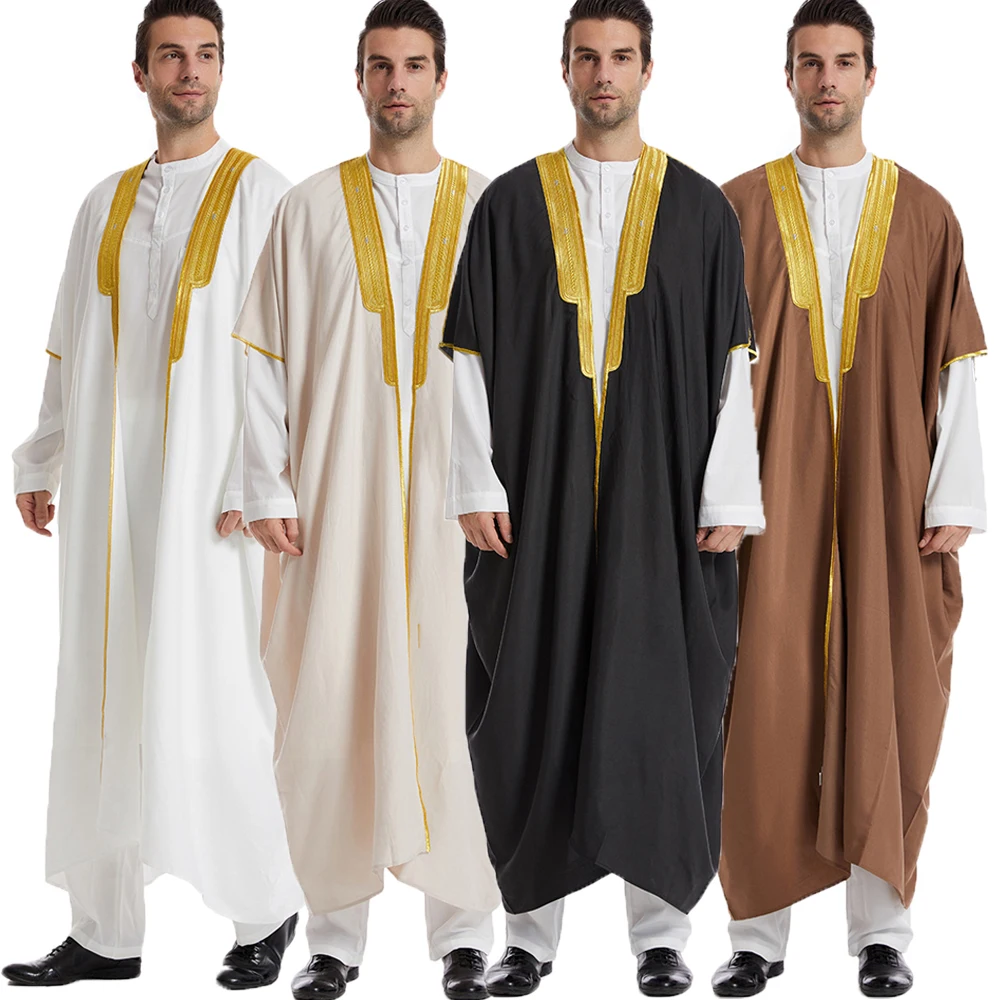 Muslim-Men-Jubba-Thobe-Short-Sleeve-Solid-Color-Embroidery-Traditional ...