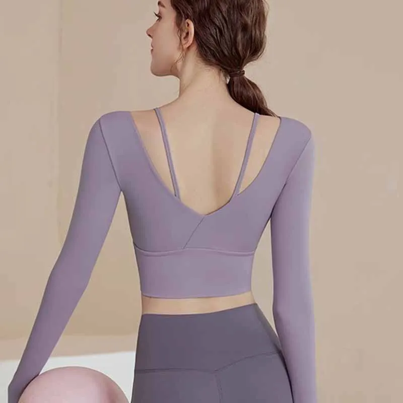 Sports-Shirt-Women-Long-Sleeve-Fitness-Crop-Top-Build-in-Cup-Yoga ...