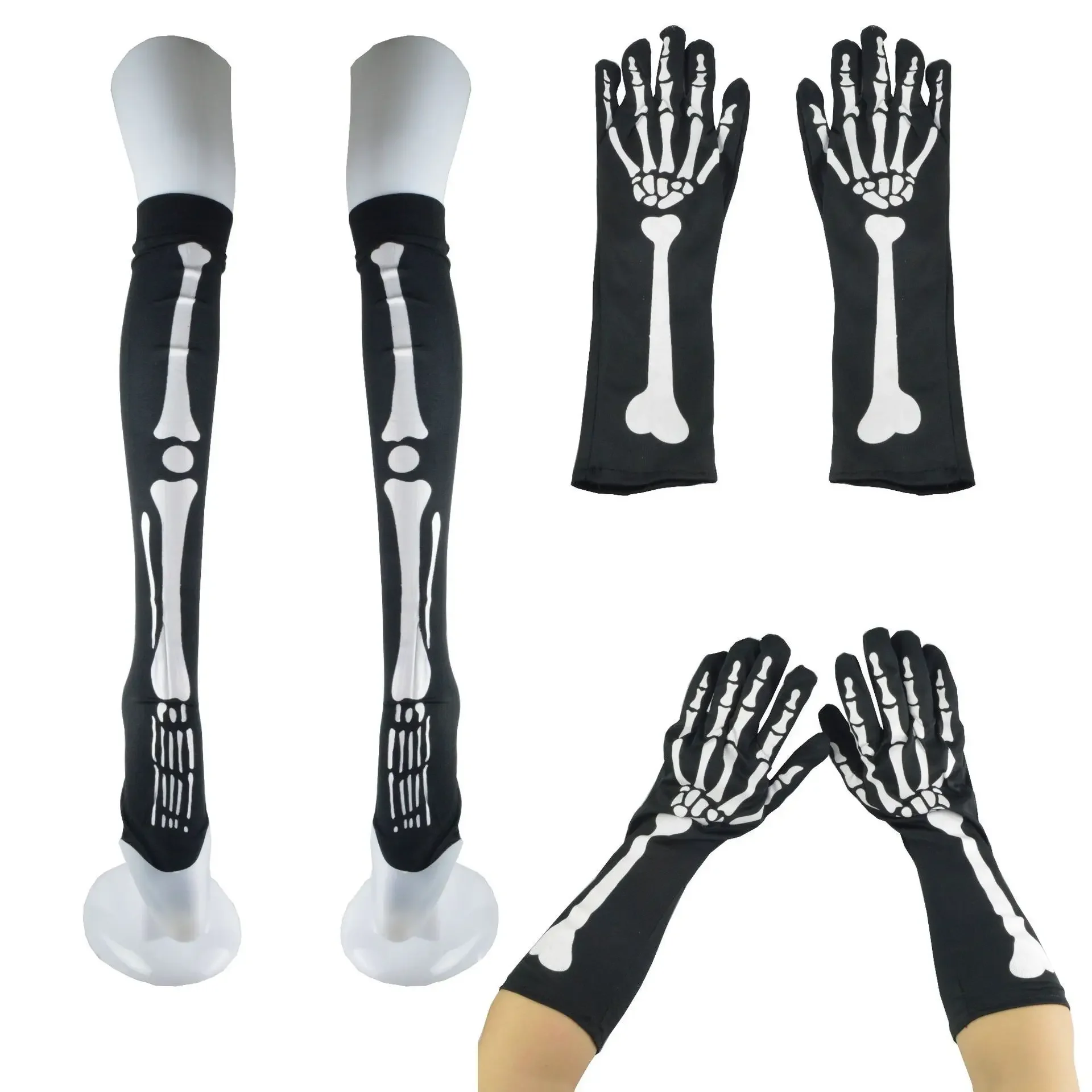 Kids Adults Full Finger Skeleton Gloves Long Arm Ghost Leg Sock Costume ...