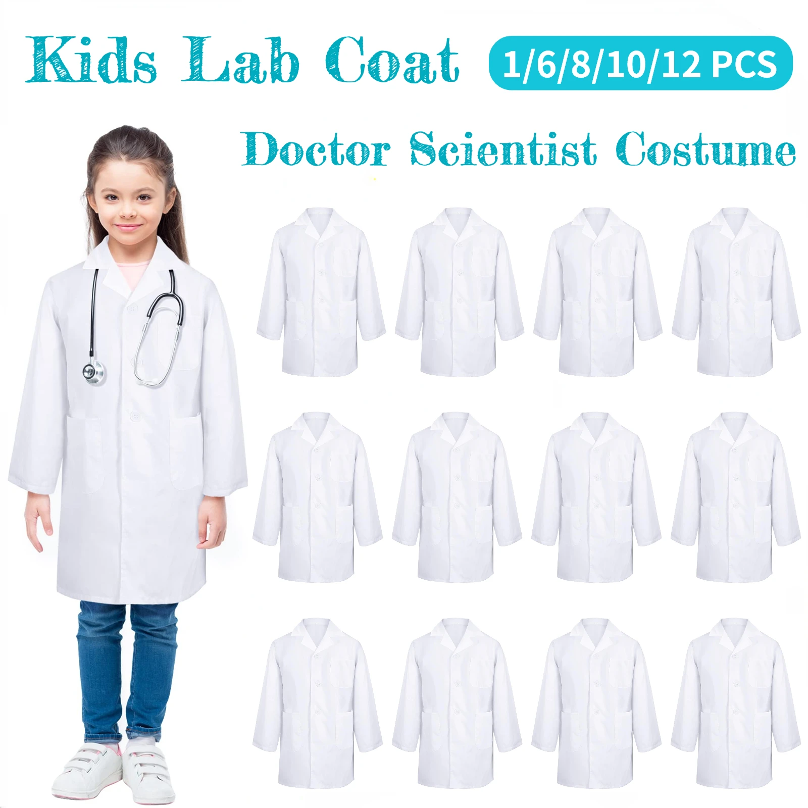 1-12PCS-Unisex-Kids-Lab-Coat-School-Child-Scrubs-White-Doctor-Coat ...