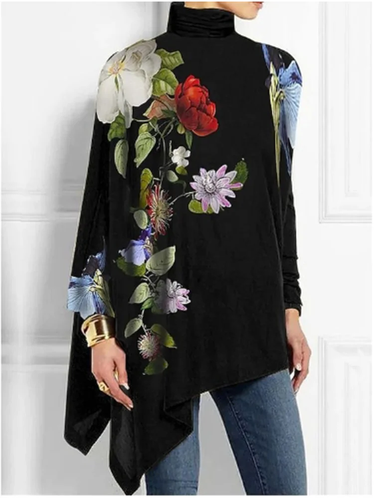High-Neck-Rose-Printed-Long-Sleeve-Top-Women-s-Loose-Black-T-Shirt ...
