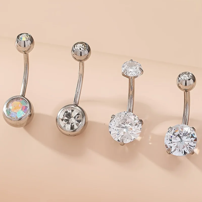 4pcs-1pcs-Silver-Belly-Button-Rings-Stainless-Steel-Cubic-Zirconia ...
