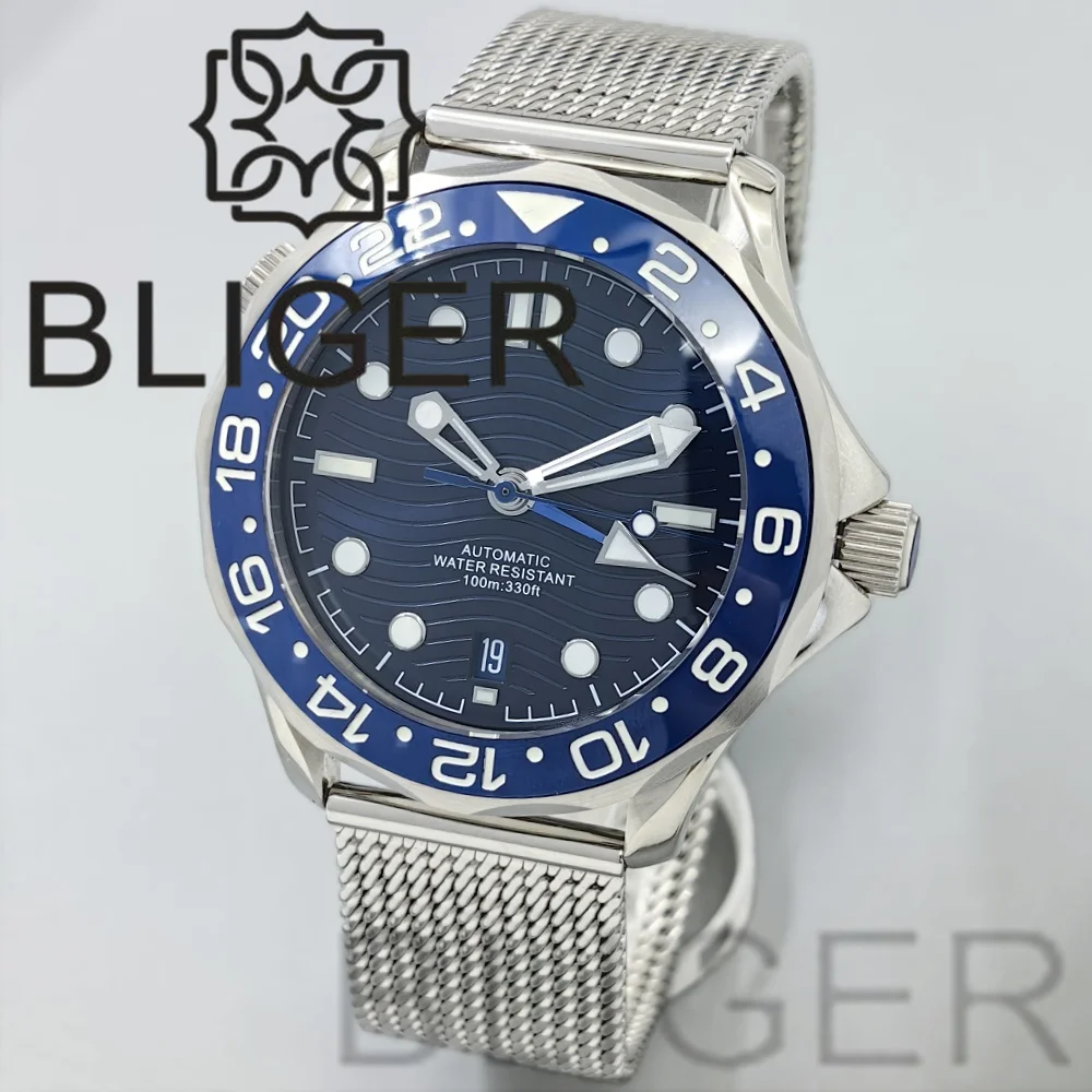 BLIGER 41MM 6 O'clock Date GMT Watch For Men NH34 Rotated Ceramic Bezel ...