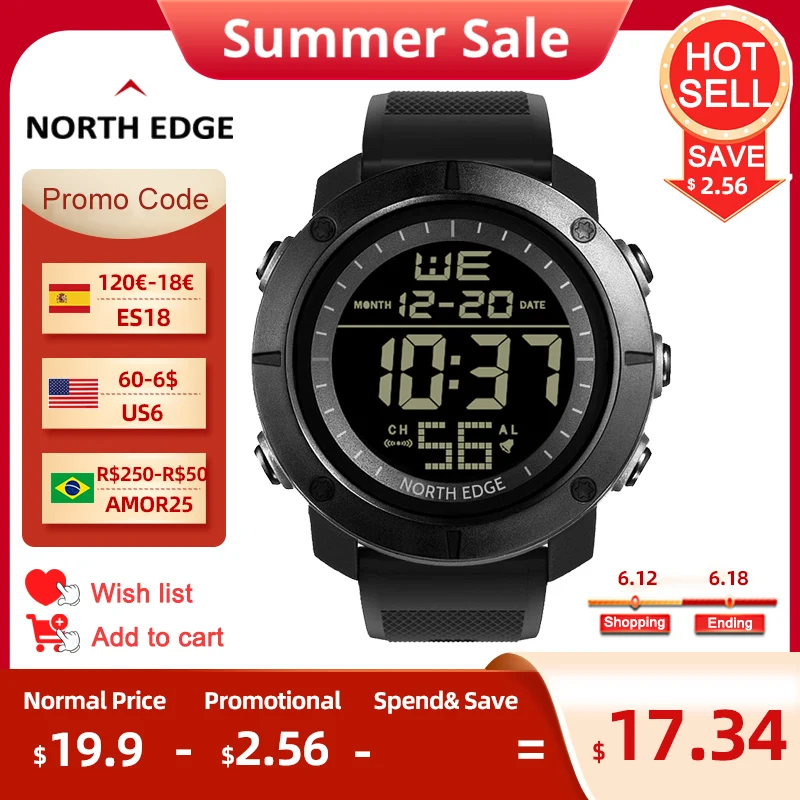 NORTH EDGE relojes digitales para hombre, cronómetro deportivo con alarma de Hora Mundial ...