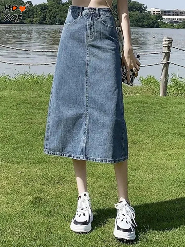 New-Fashion-Blue-Long-Skirts-For-Women-Summer-Spring-High-Waist-Button-Pockets-Split-Jeans ...