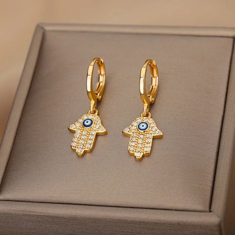 Zircon Evil Eye Hand Hamsa Earrings For Women Stainelss Steel Turkish ...