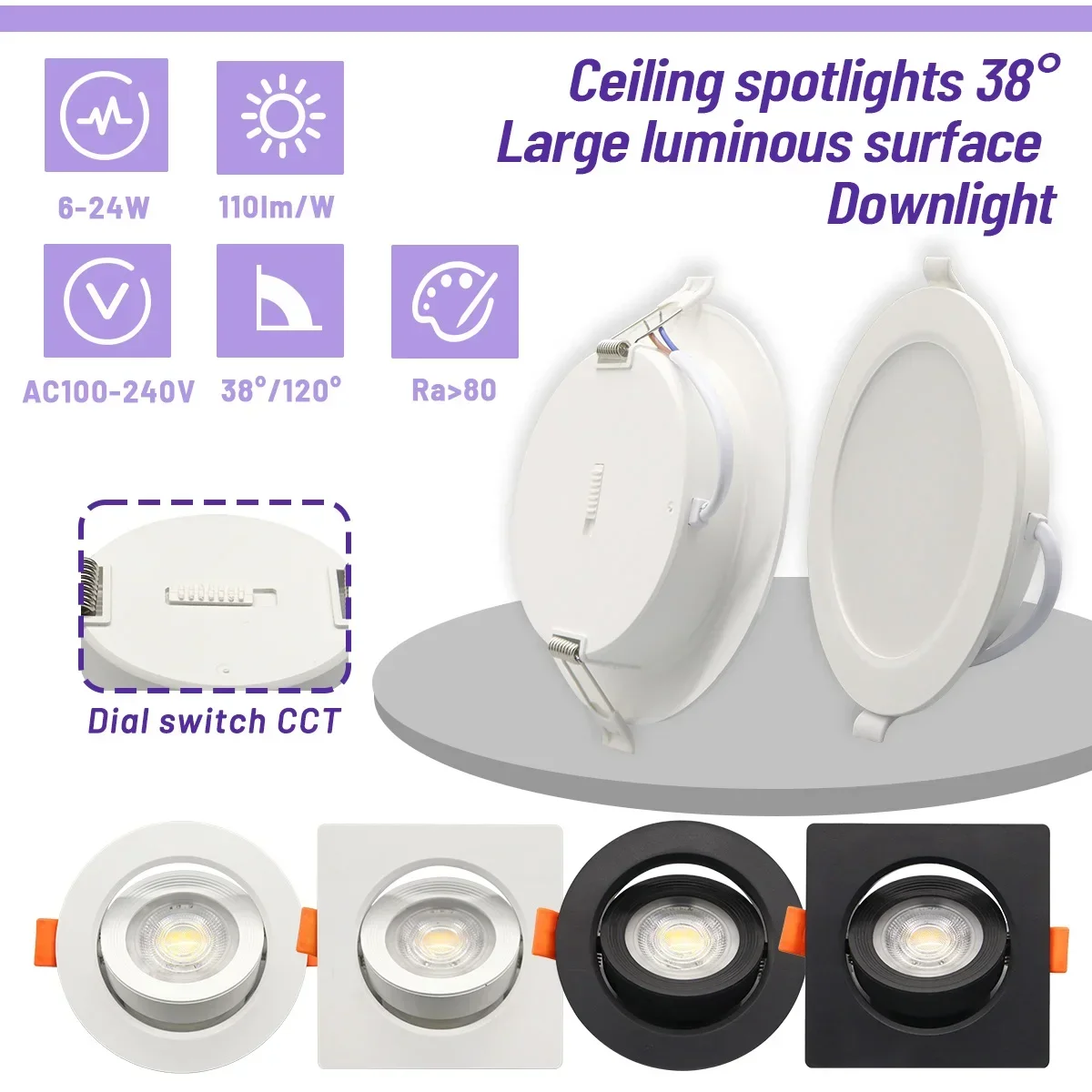 2-10pcs Recessed 3 Color Adjusted LED Spot Downlight AC100-240V Dial ...