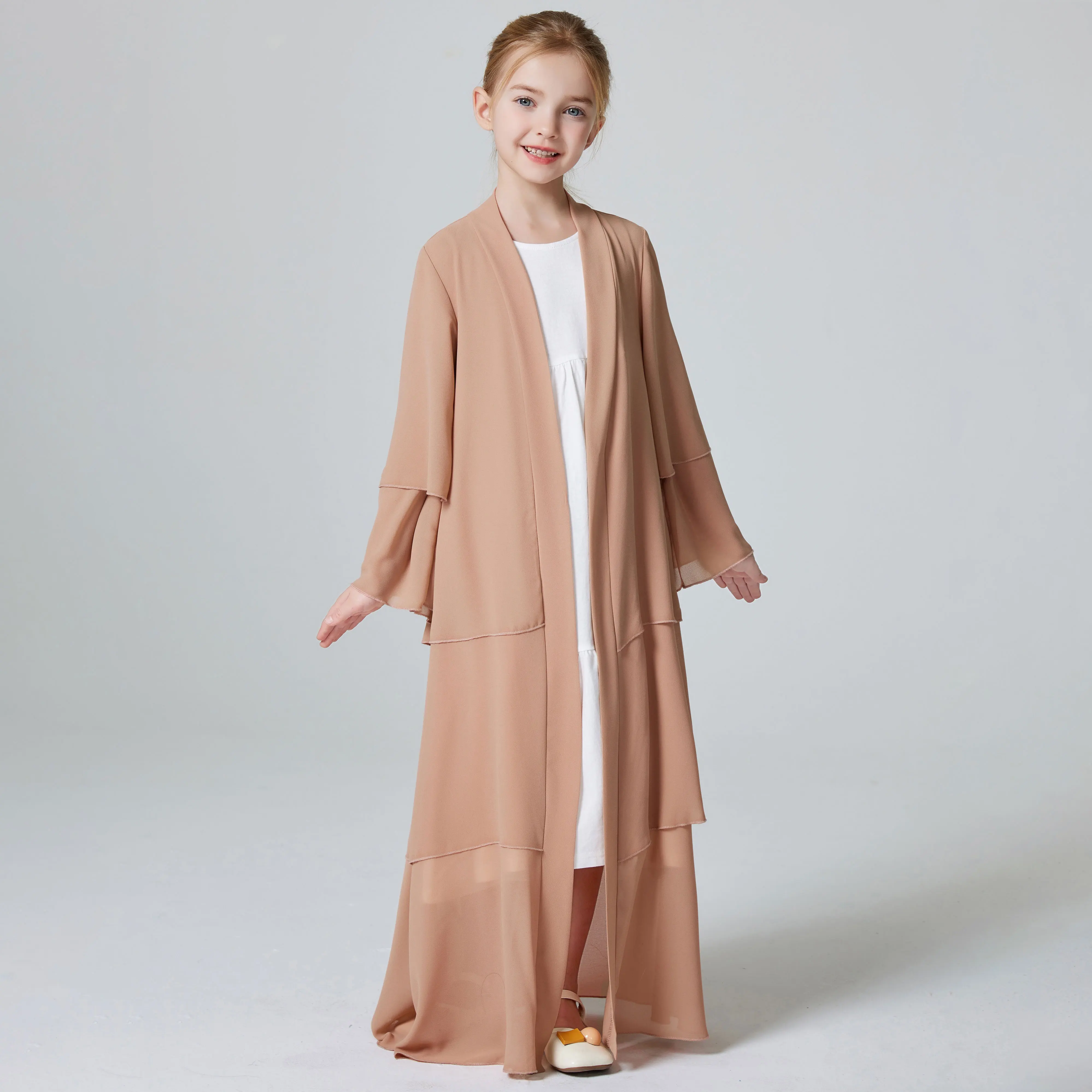 Ramadan Muslim Girls 3 Layered Chiffon Kids Abaya Dress Open Front ...