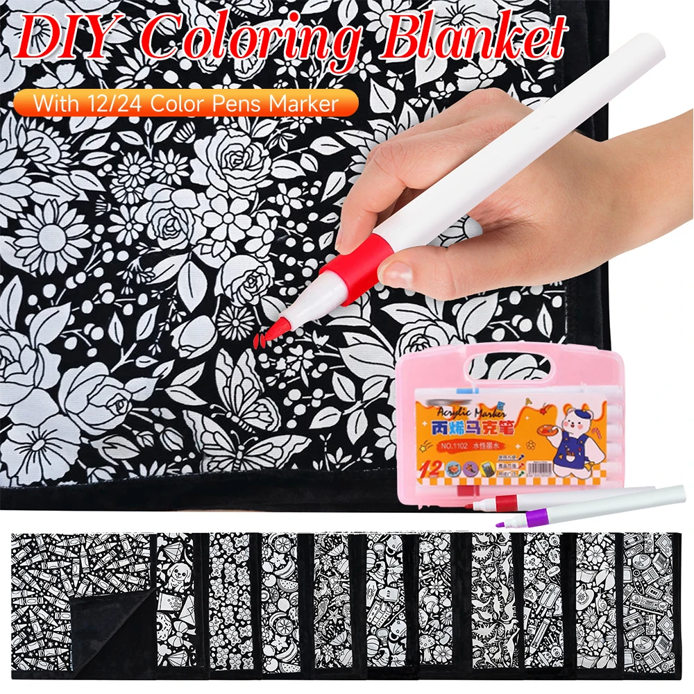 DIY Coloring Blanket With 12/24 Color Pens Marker Washable Fuzzy Velvet ...