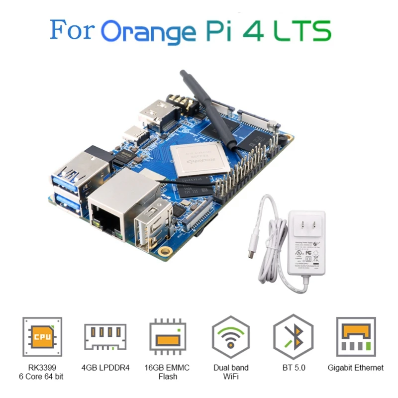 For Orange Pi 4 LTS 4GB+5V4A DC Power Supply RK3399 16GB EMMC Development Board For Android ...