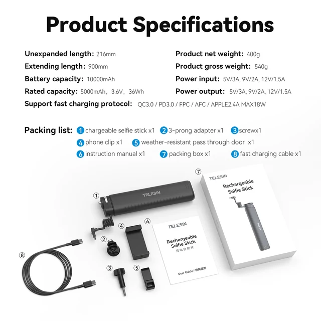 TELESIN Charging Selfie Stick 10000mah Power Bank Universal For Gopro ...