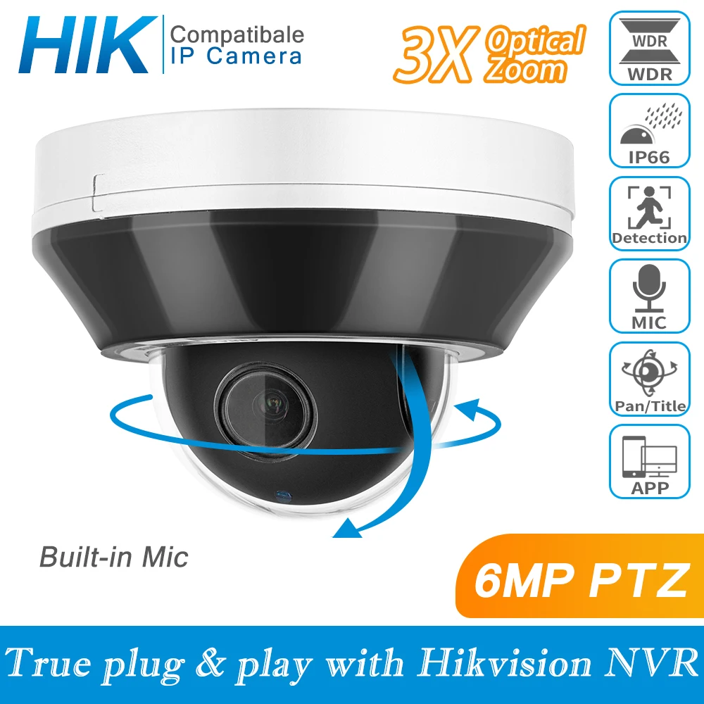 Hikvision Compatível 6MP HD POE PTZ Câmera IP Dome Ao Ar Livre Microvisor Embutido 3X Zoom ...