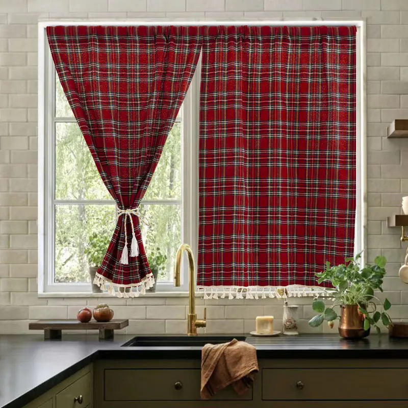 2pcs-Buffalo-Plaid-Kitchen-Curtains-Tiers-With-Tassel-Red-Plaid-Rod ...
