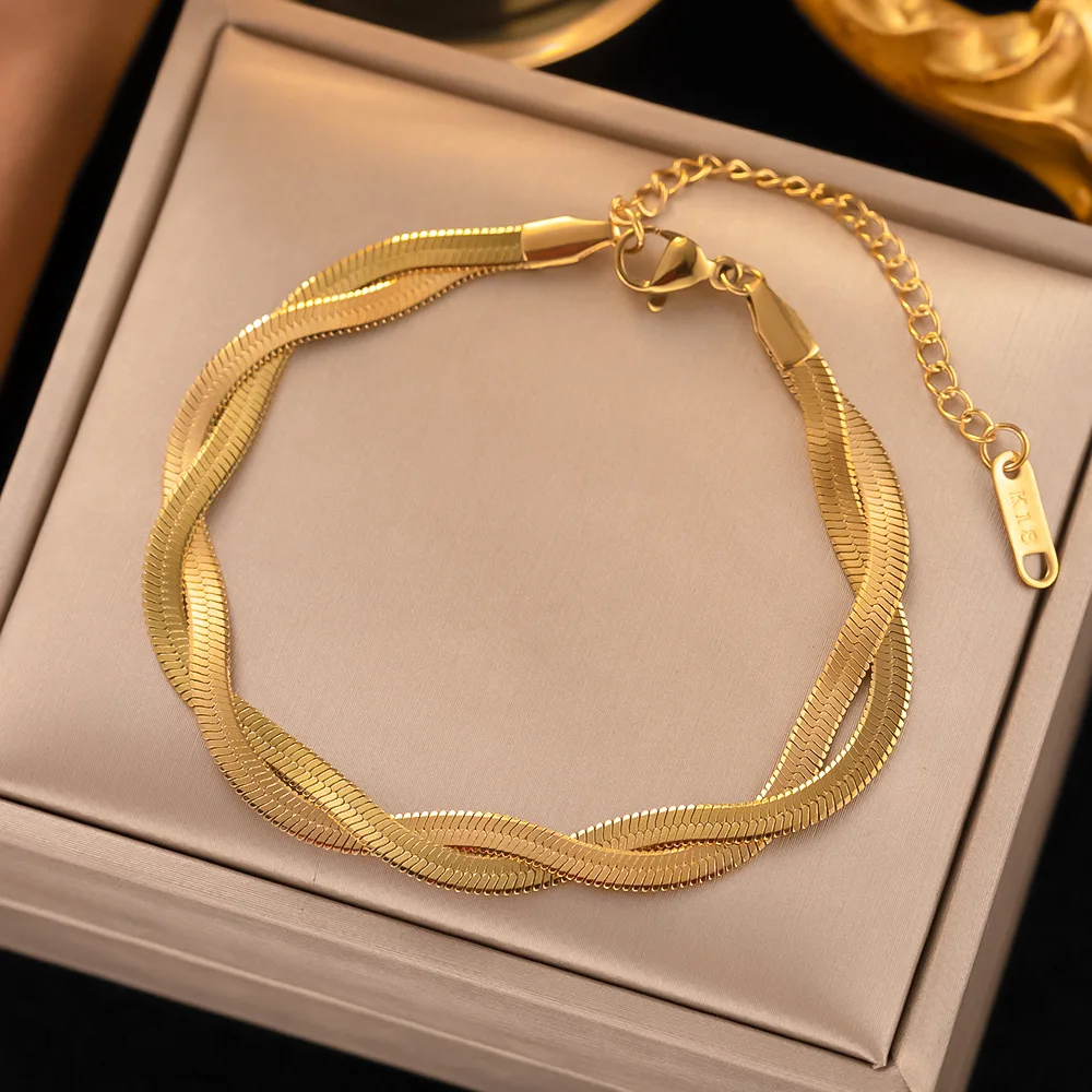 Stainless-Steel-Snake-Chain-Weave-Twist-Bracelet-For-Women-Gold-Color ...