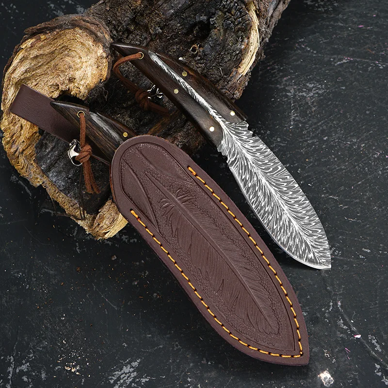 Outdoor-Tactical-Knife-Sharp-Hunting-Fixed-Blade-Knives-Feather-Pattern ...