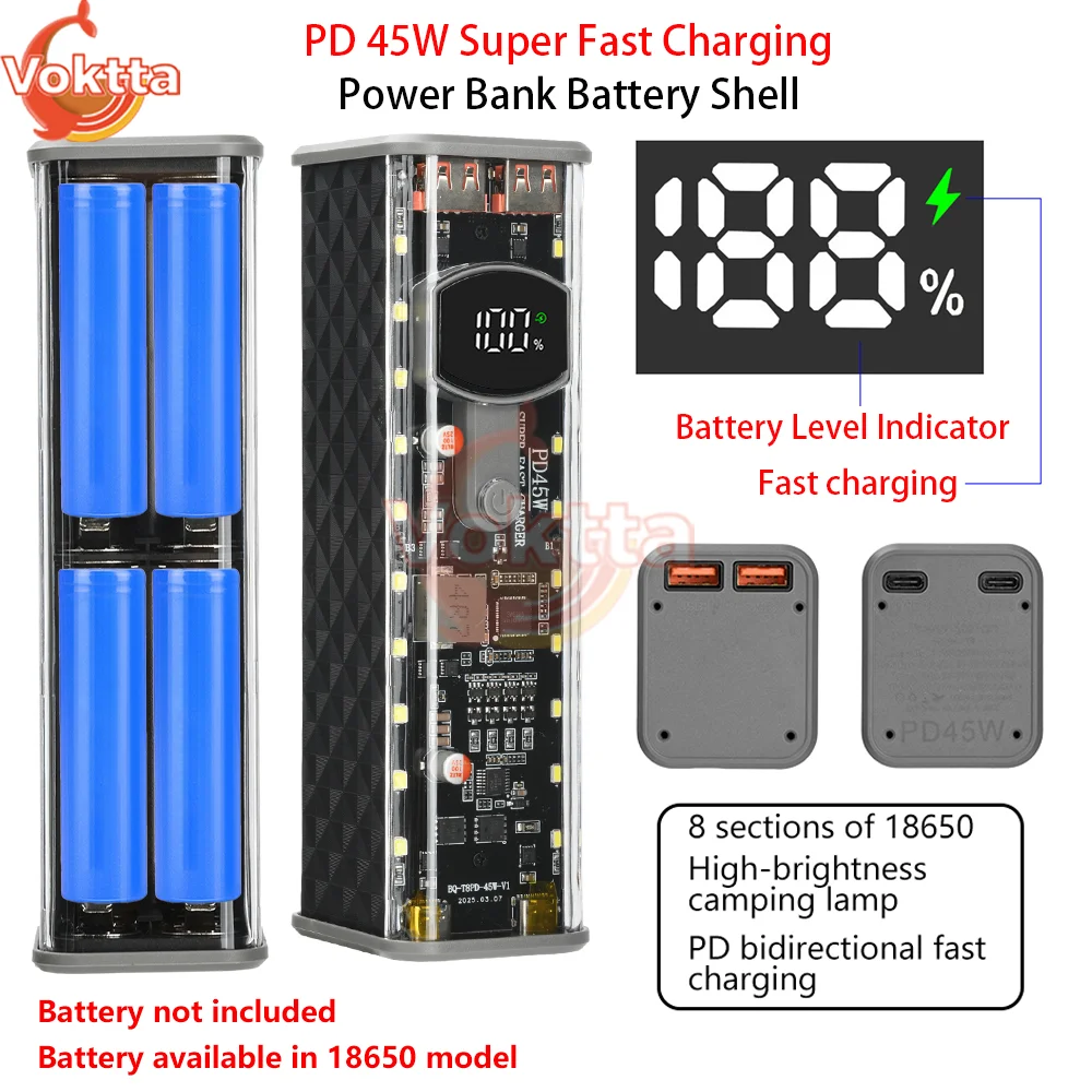 PD 45W Super Fast Charging Transparent Power Bank Battery Shell Welding ...